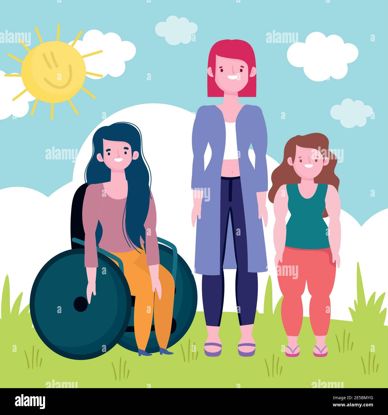 diverse female and disabled girl sitting on wheelchair in park ...