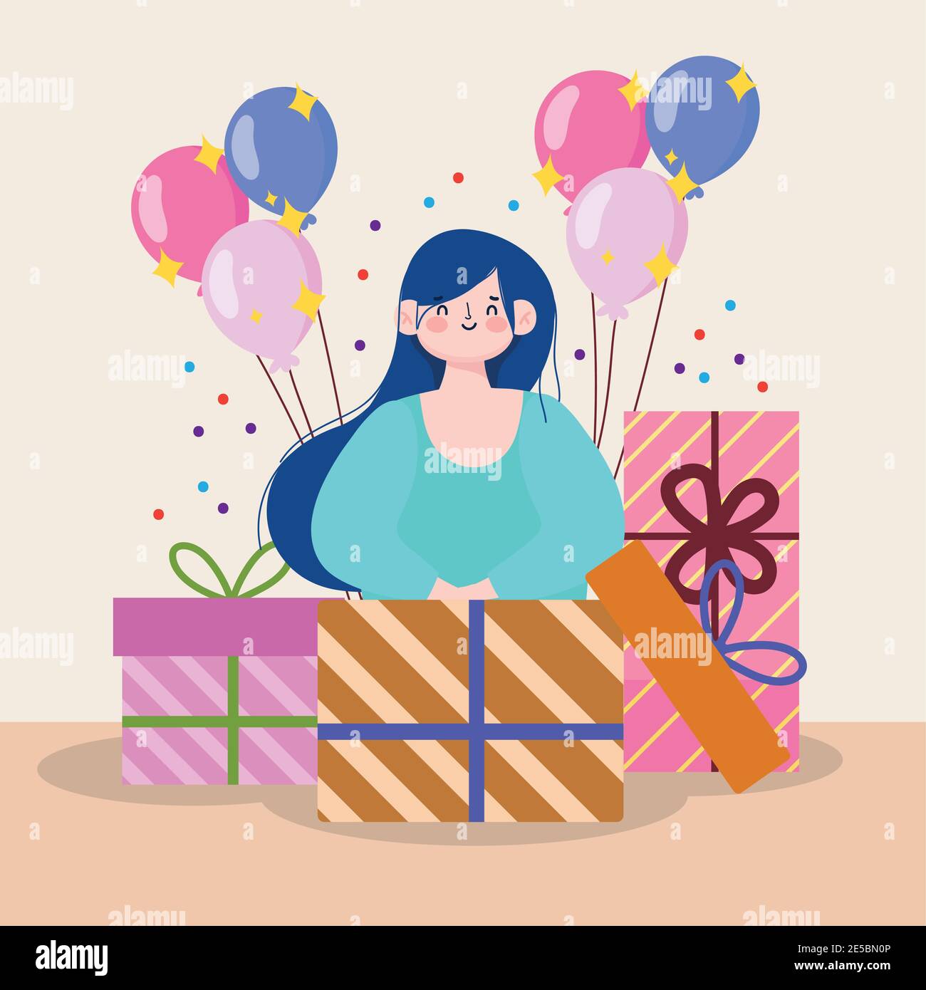 girl coming out gift box with gifts balloons celebration cartoon vector ...
