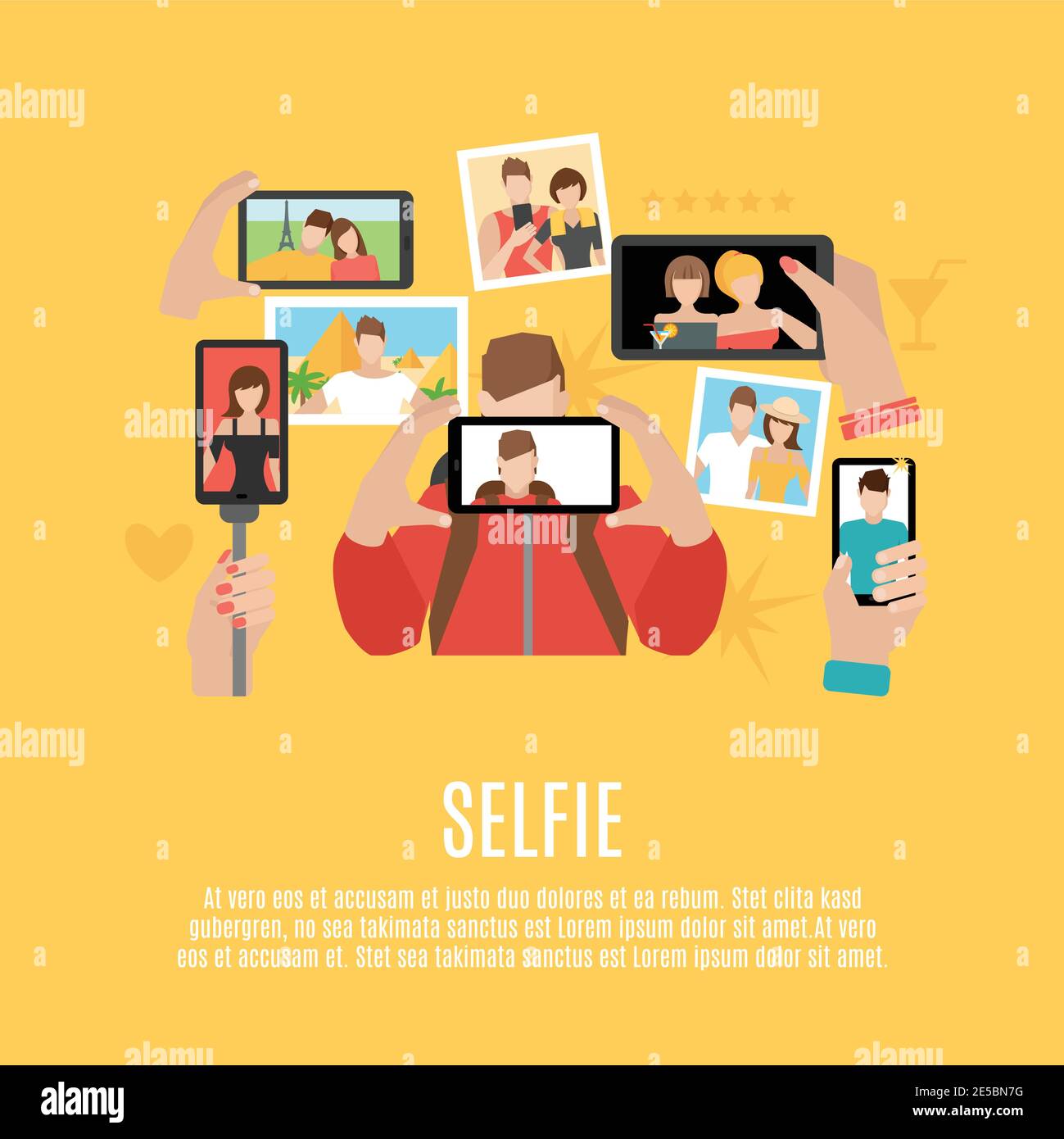 Selfie pictures taking flat icons composition poster of your own photo ...