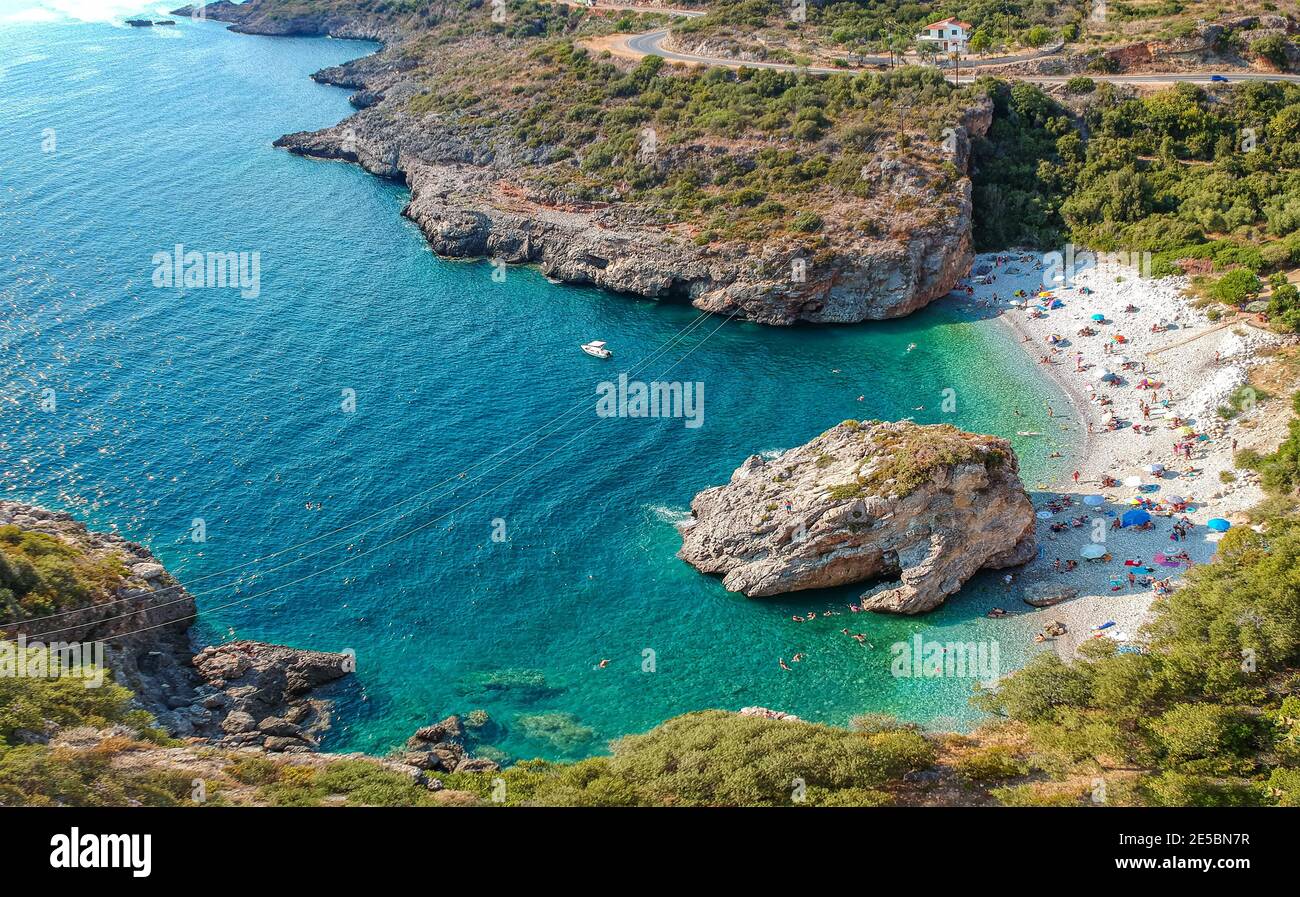Aerial view of the famous rocky beach Foneas near Kardamyli village in ...