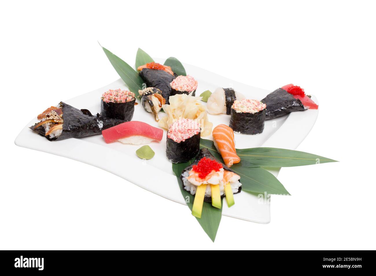 Sushi Set gunkan and nigiri and rolls. This is isolated in a white ...