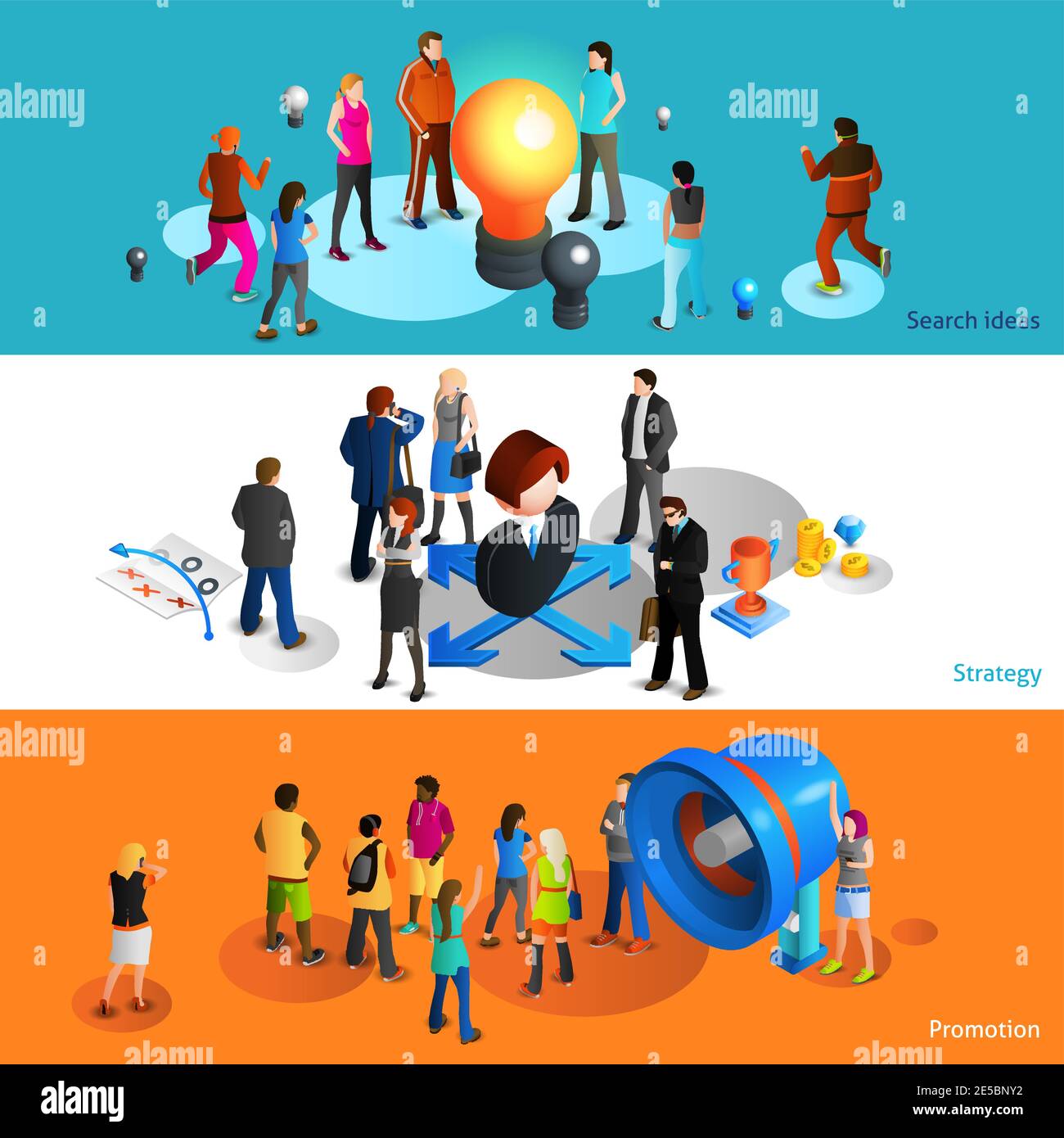 People isometric horizontal banners set with search ideas and strategy ...
