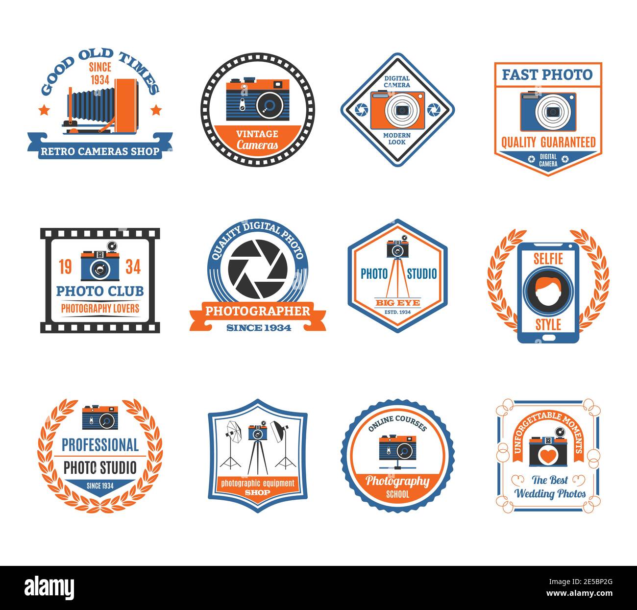 Photography emblems set with retro and modern cameras flat isolated ...