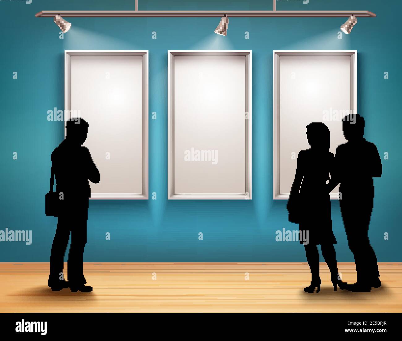 People silhouettes in front of picture frames in art gallery interior ...