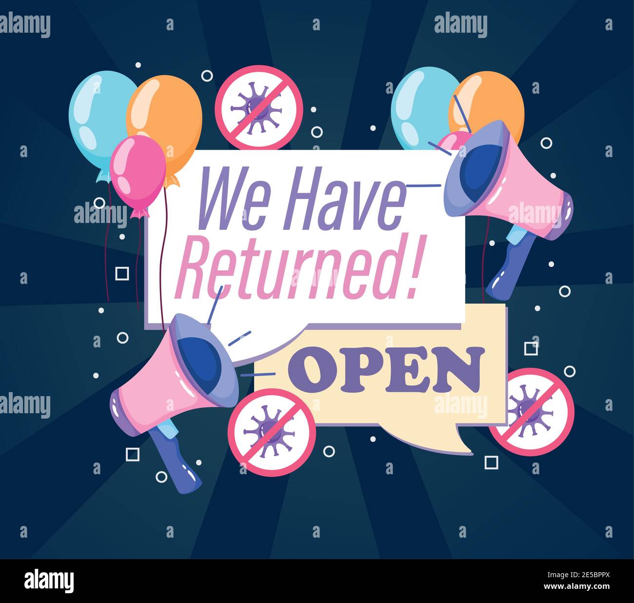 we have returned open text, speaker balloons, stop covid 19 vector ...