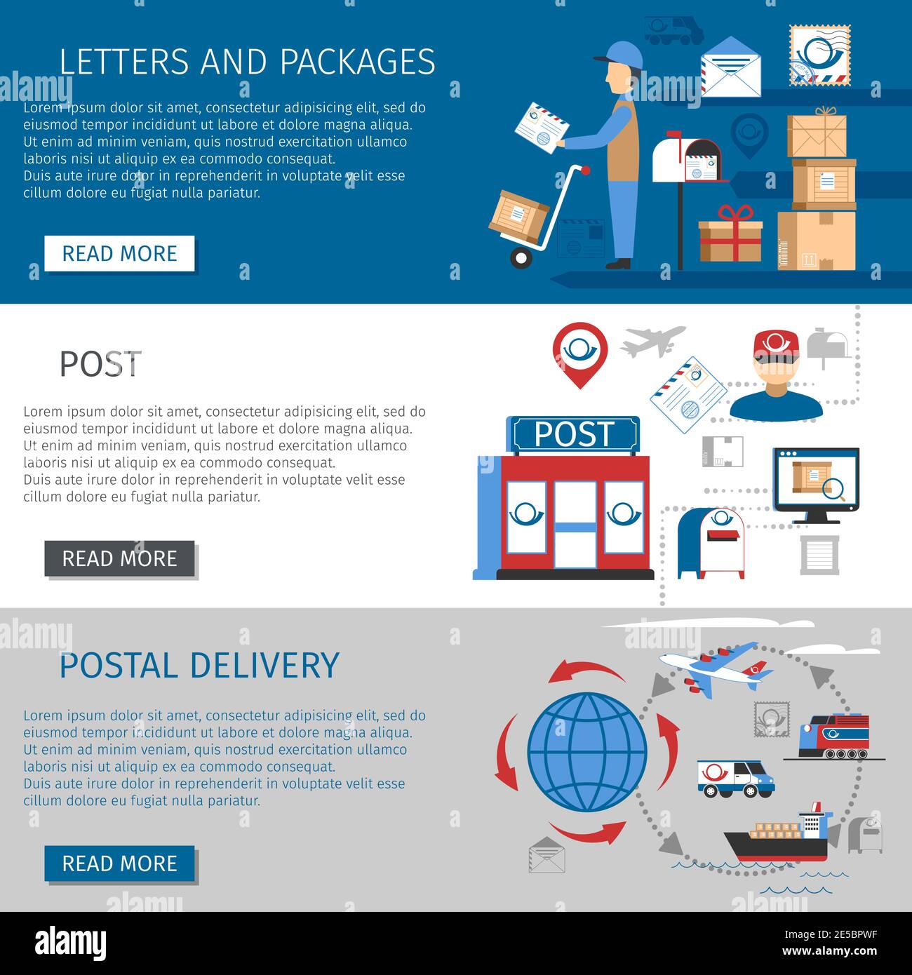 Post horizontal banners set with letters and packages delivery symbols ...