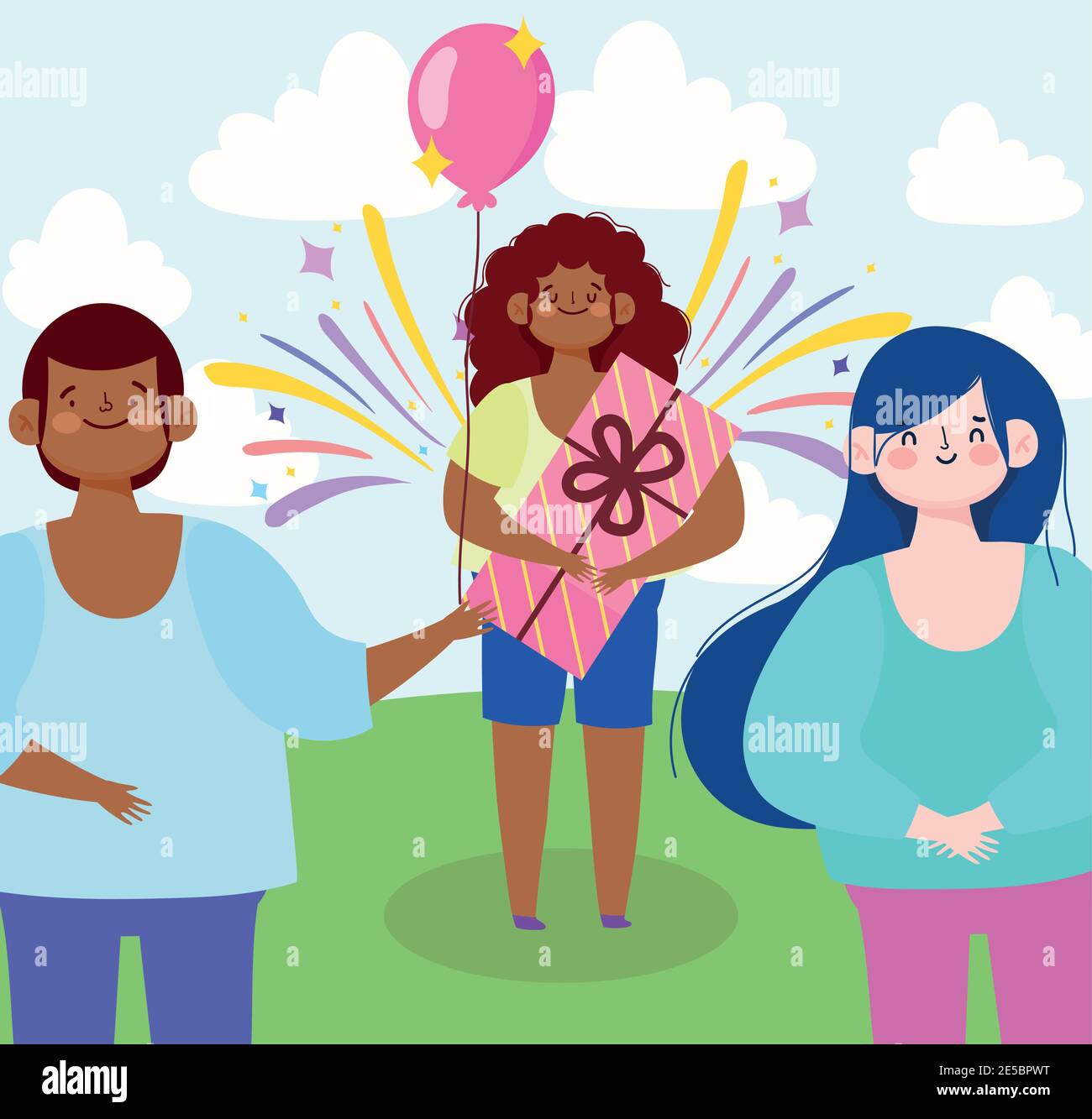 girl with gift and friends balloons party celebration cartoon vector ...
