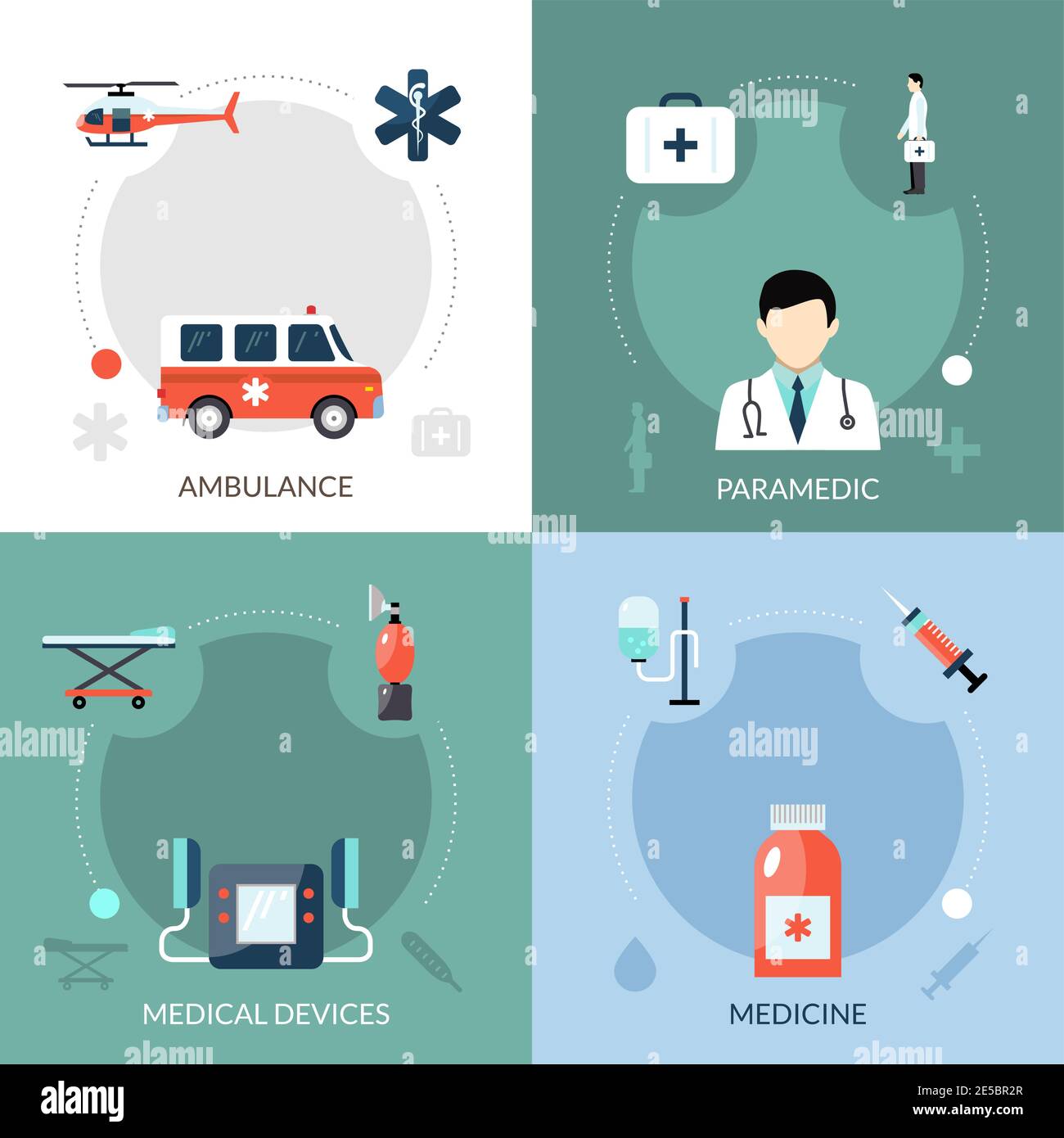 Emergency paramedic icons set with ambulance medical devices and medicine symbols flat isolated ...
