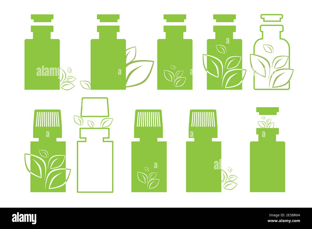 Set of green bottle. Bio, ecology, organic logo. Line vector. Isolate ...