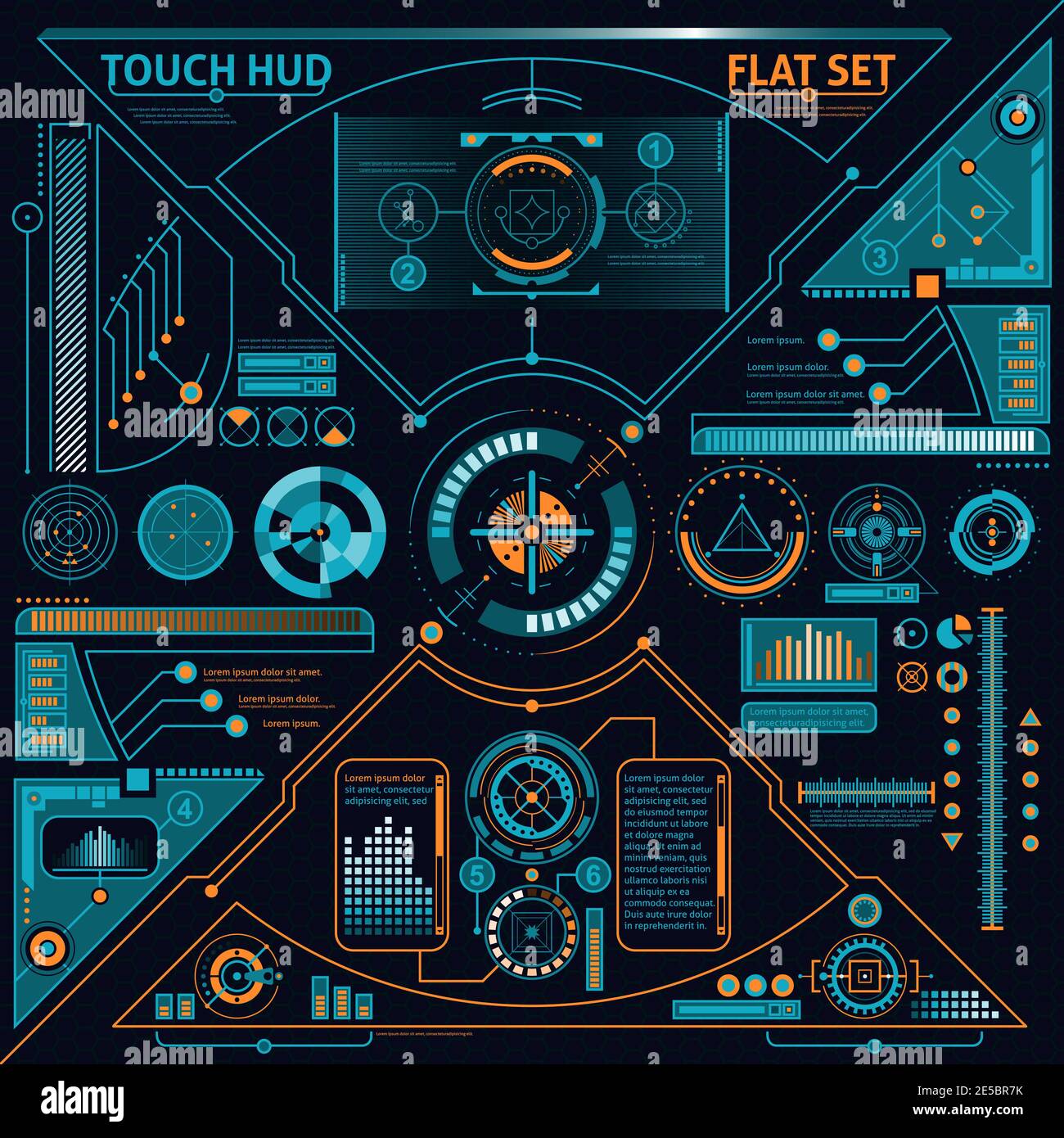 Touch HUD flat set with diagrams and charts on black background ...