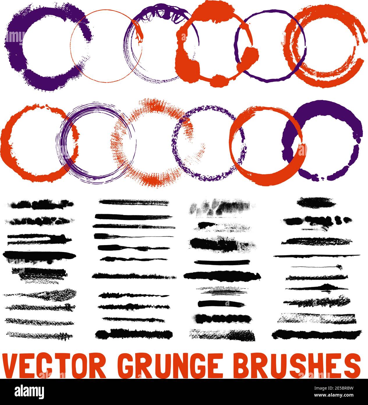Grunge inked circle and line scuffed black and color brush styles with ...