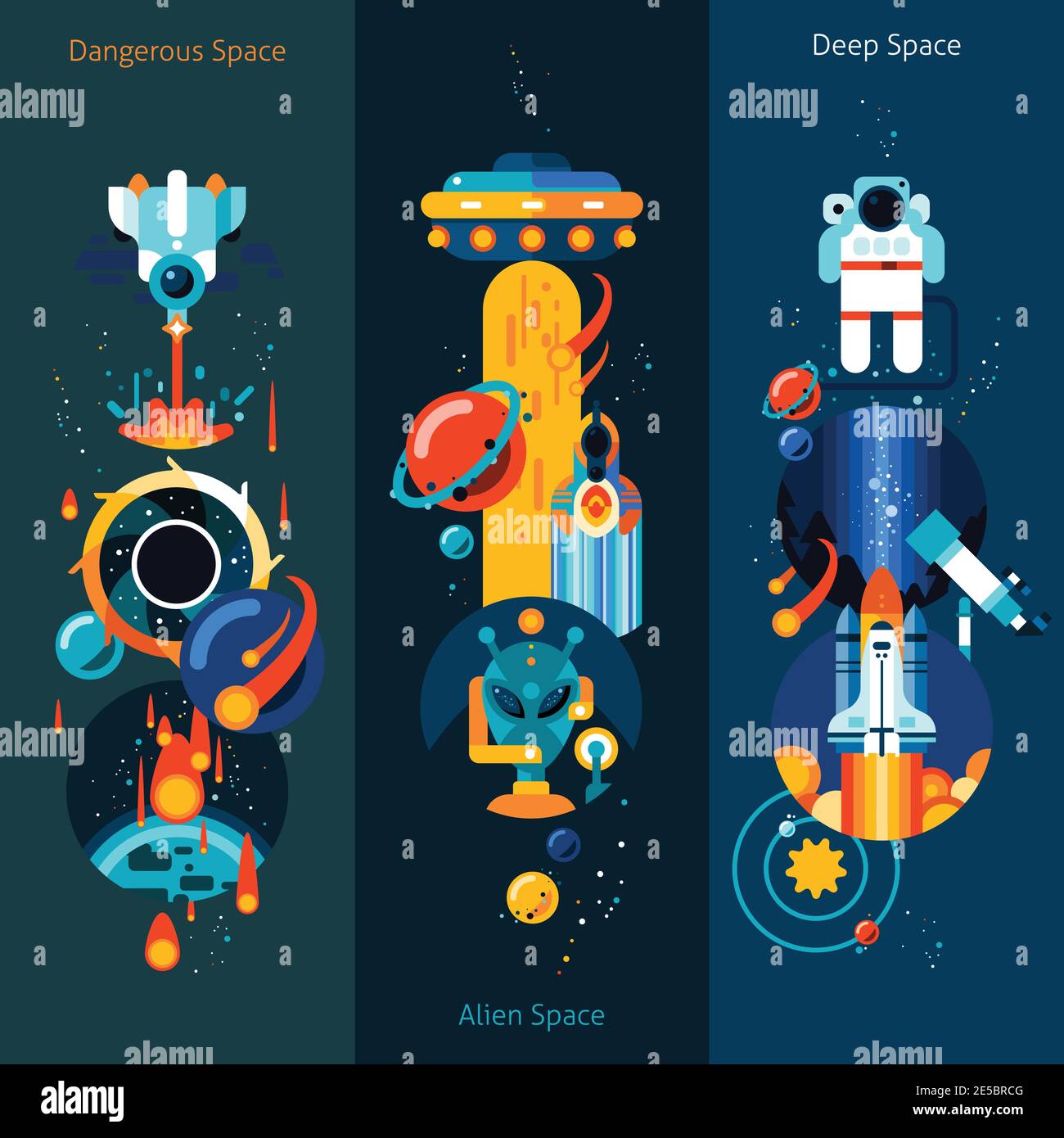 Space vertical banner set with dangerous alien elements isolated vector ...