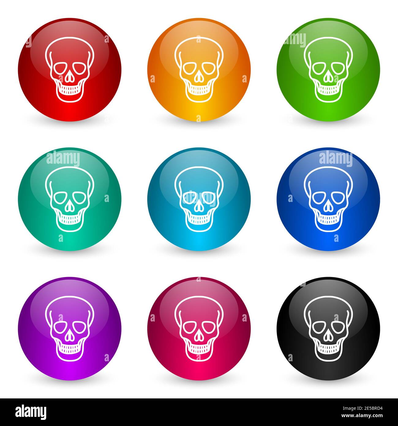 Skull icon set, colorful glossy 3d rendering ball buttons in 9 color ...