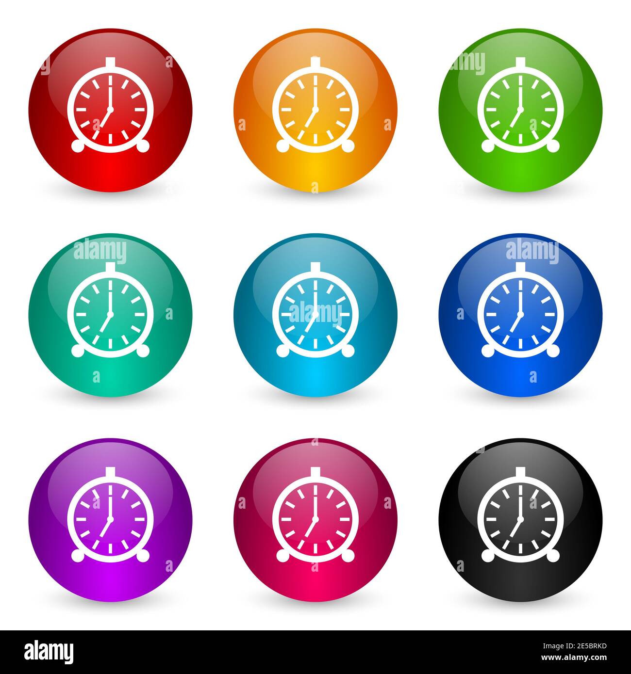 Alarm icon set, colorful glossy 3d rendering ball buttons in 9 color ...