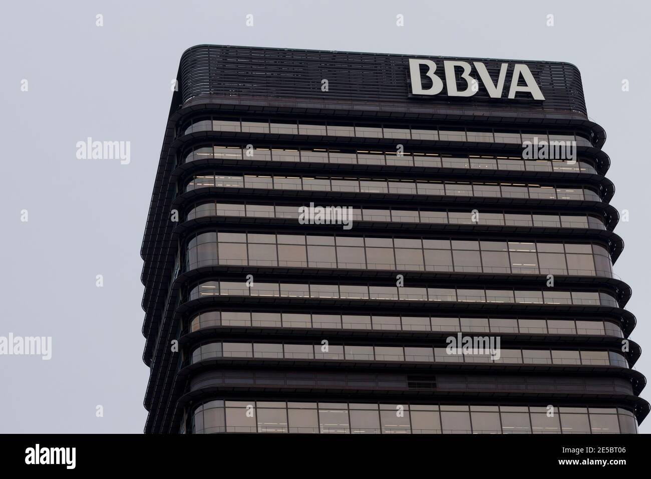Bank logo BBVA at the topo of a building in Madrid (Spain Stock Photo ...