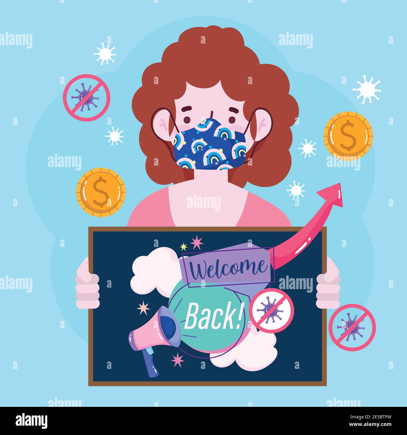 Reopening, cartoon woman wear medical mask and holding a board of ...