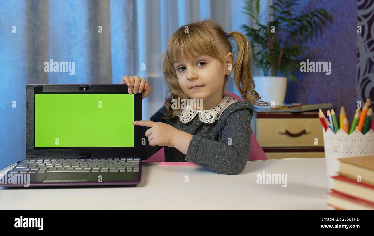 Preschool child girl distance online learning at home. Cute kid ...