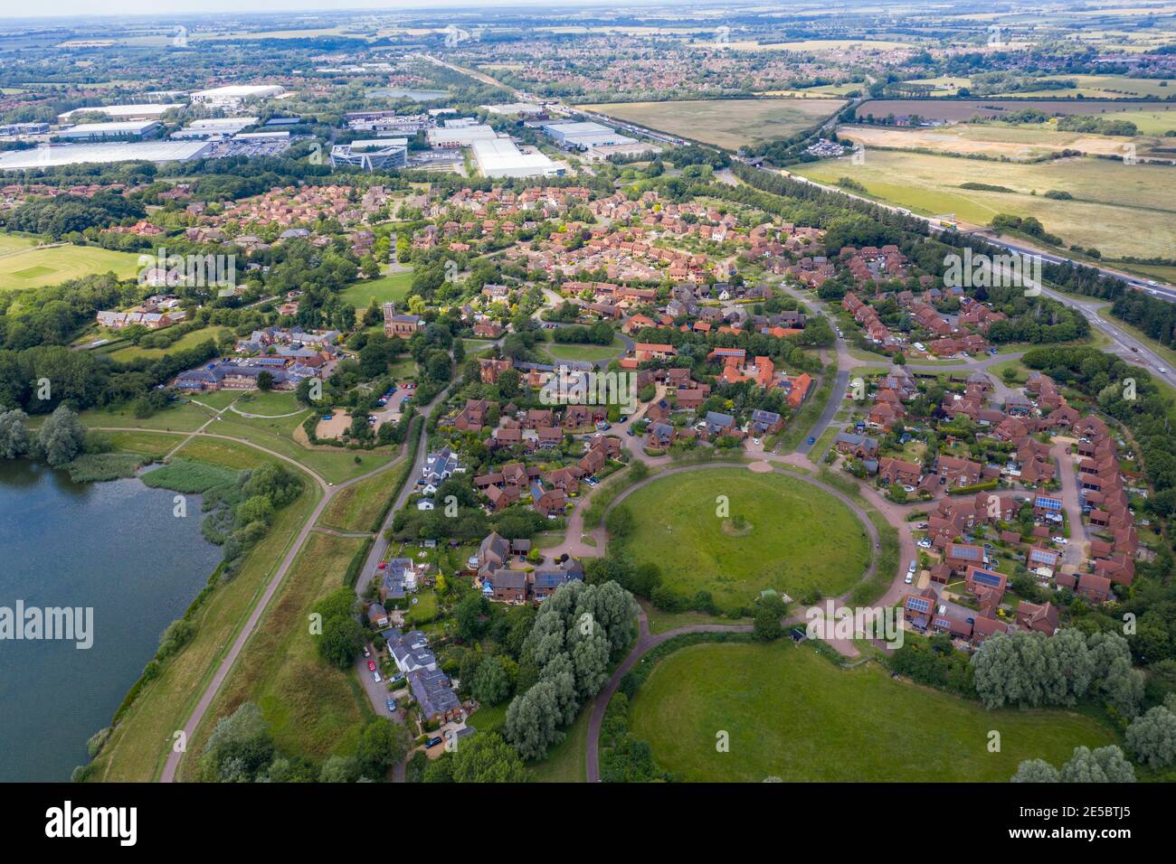 Aerial photo of the village of Milton Keynes in the UK showing a ...