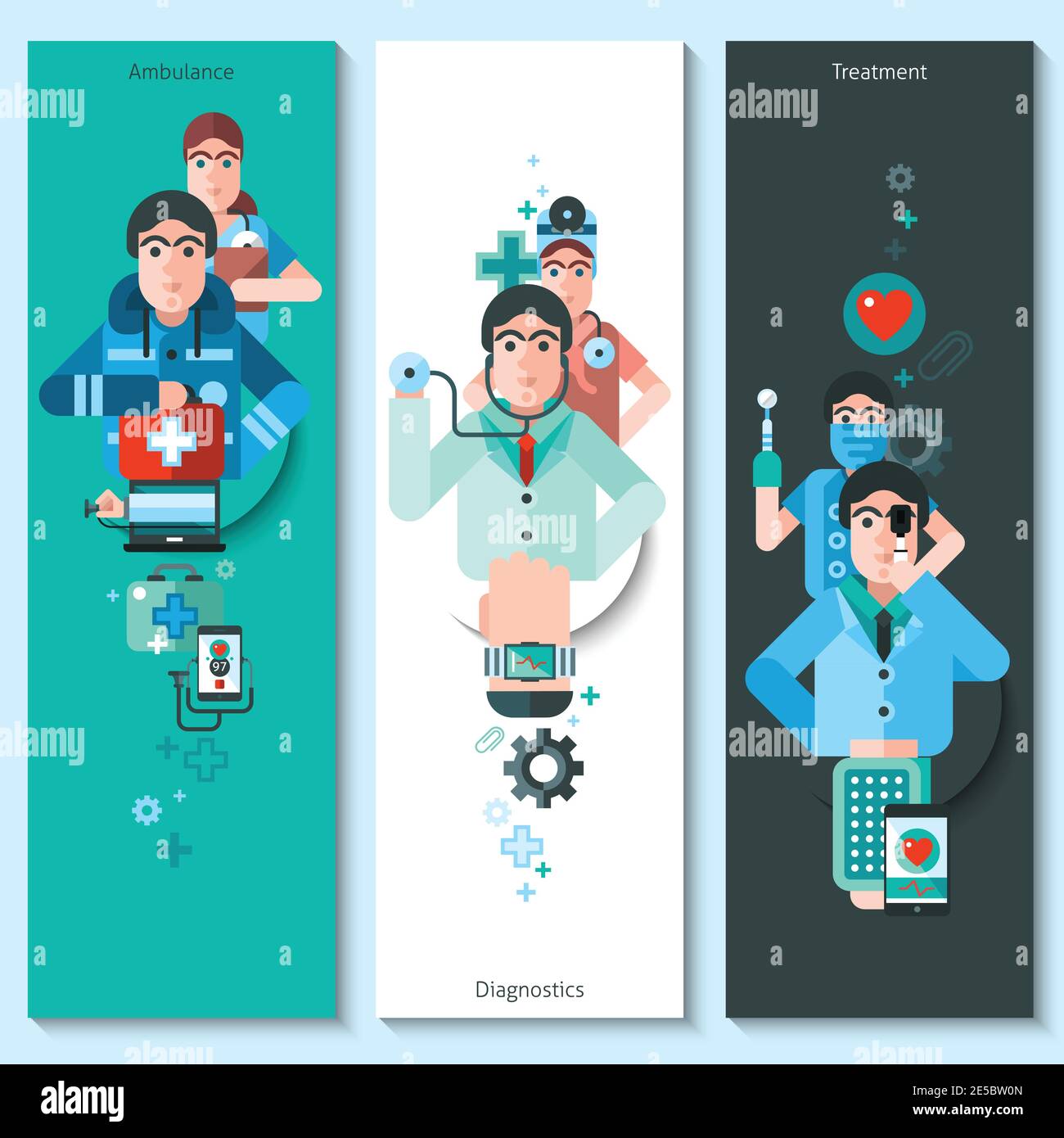 Set of vertical banners with doctor characters presenting ambulance ...
