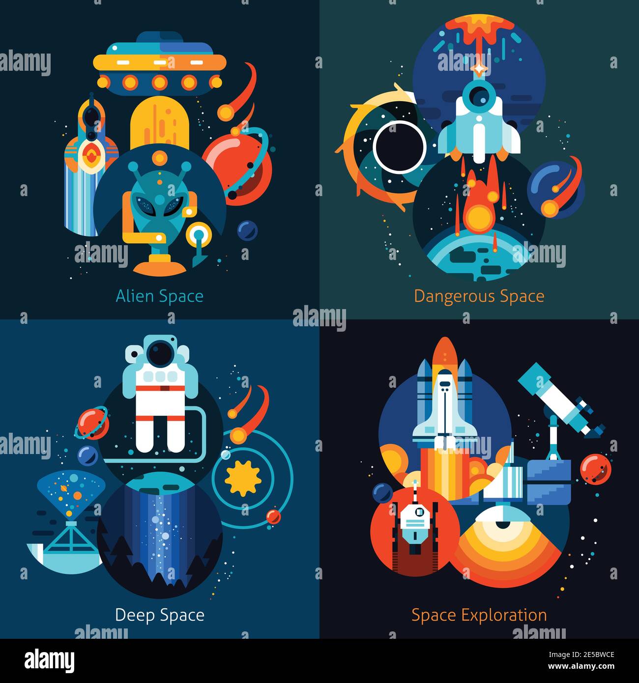 Space design concept set with aien and cosmos exploration flat icons ...
