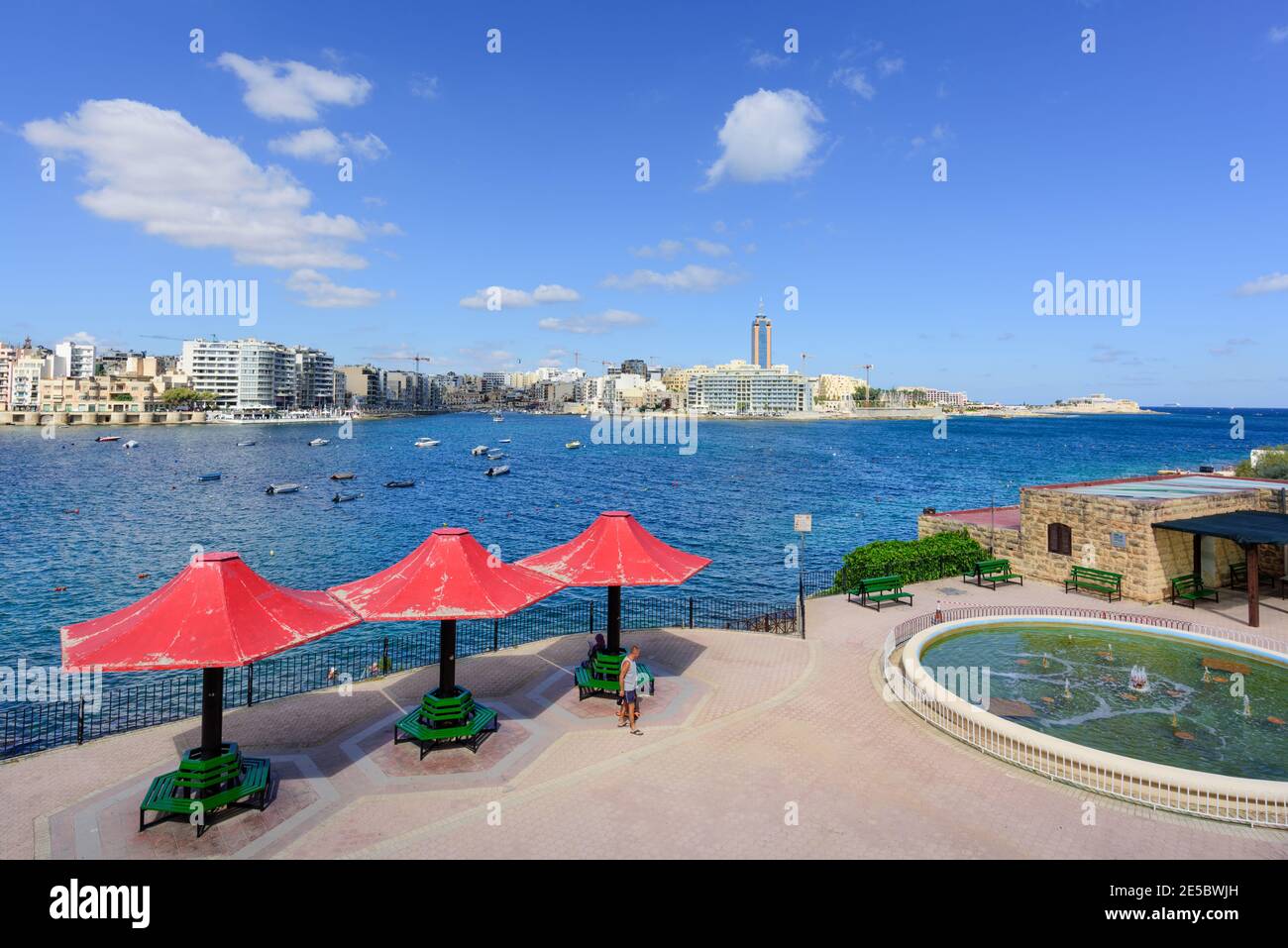 Popular holiday destination Sliema seafront looking across Exiles Bay ...
