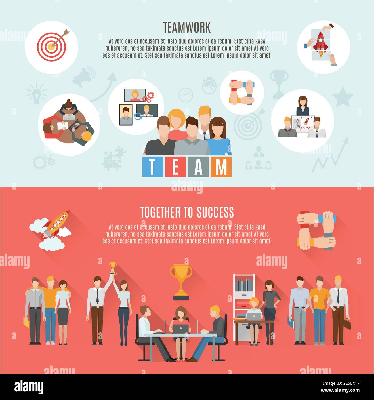 Together to success 2 flat horizontal banners poster of effective ...