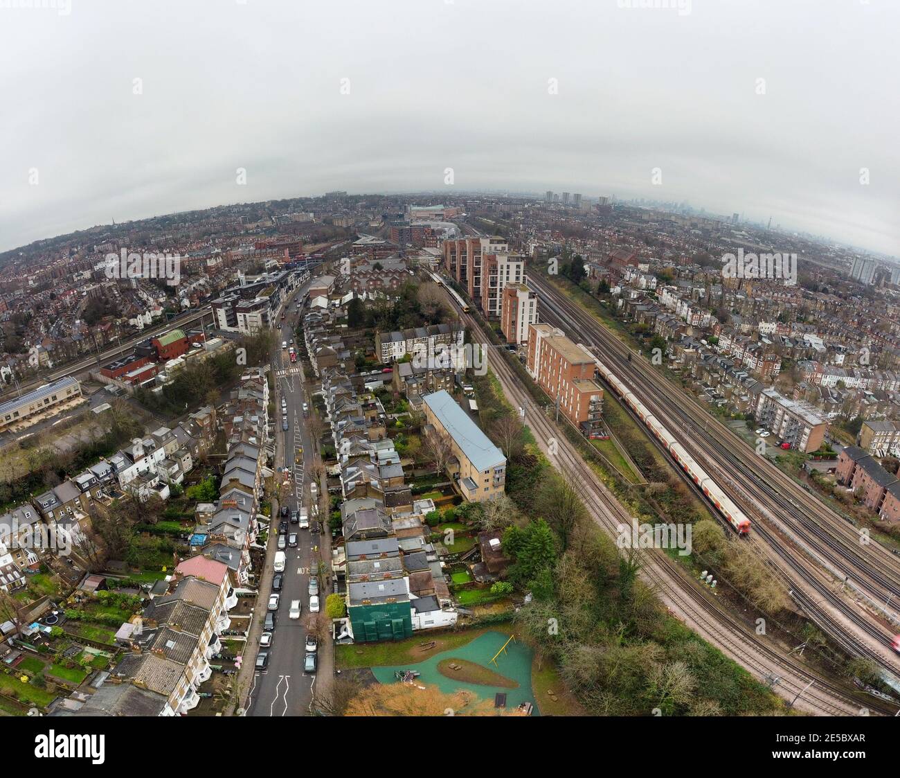 Aerial view of West Hampstead, with apartments blocks on Heritage Lane ...