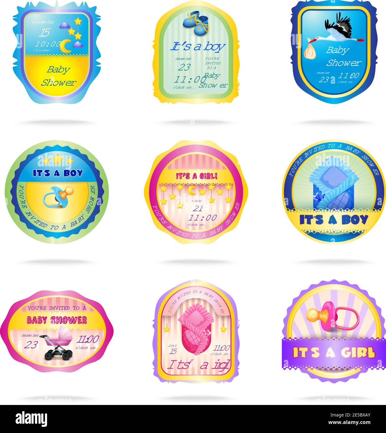 Baby shower emblems set with newborn girl and boy announcements Stock ...