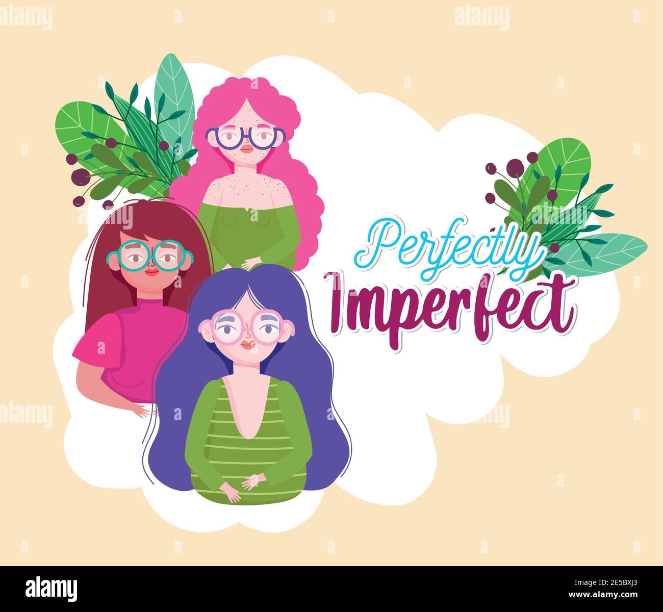 Perfectly imperfect diverse young women with glasses cartoon vector ...
