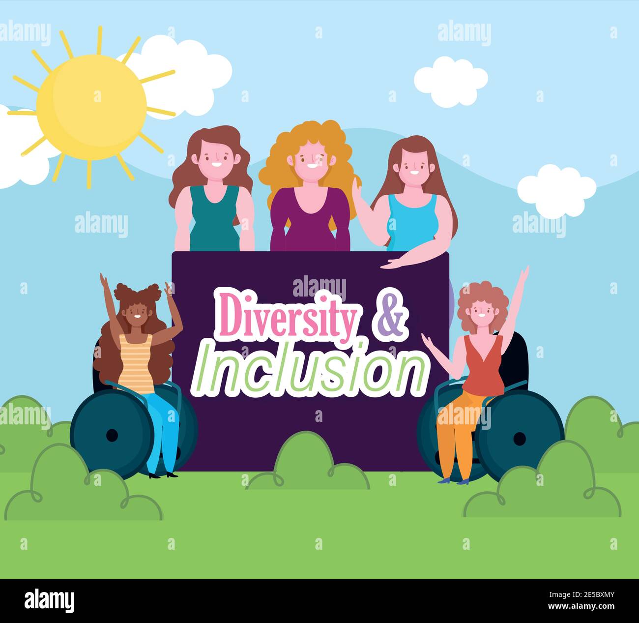 diverse group women young female and disability girl, inclusion vector ...