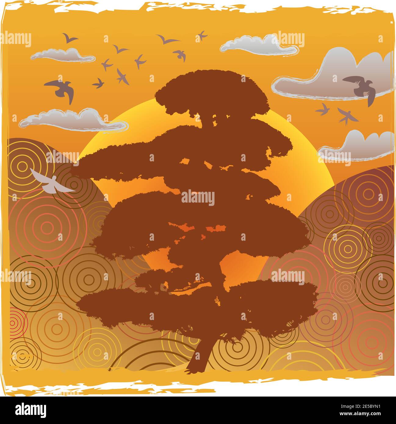 Sunset Eastern Landscape with Hills, Birds and Tree Orange Colors Stock ...
