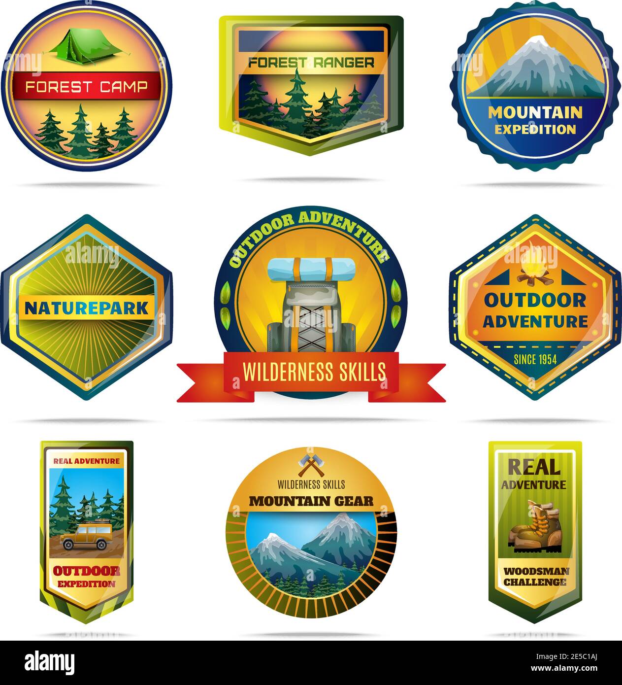 Camping nature parks and outdoor adventures emblems set isolated vector ...