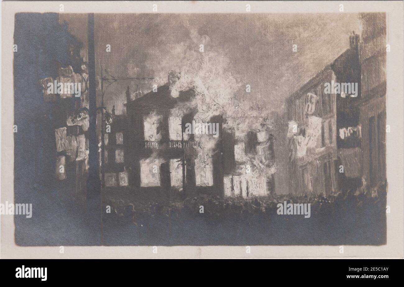 Photographic postcard showing Luton Town Hall in flames during the 1919 ...