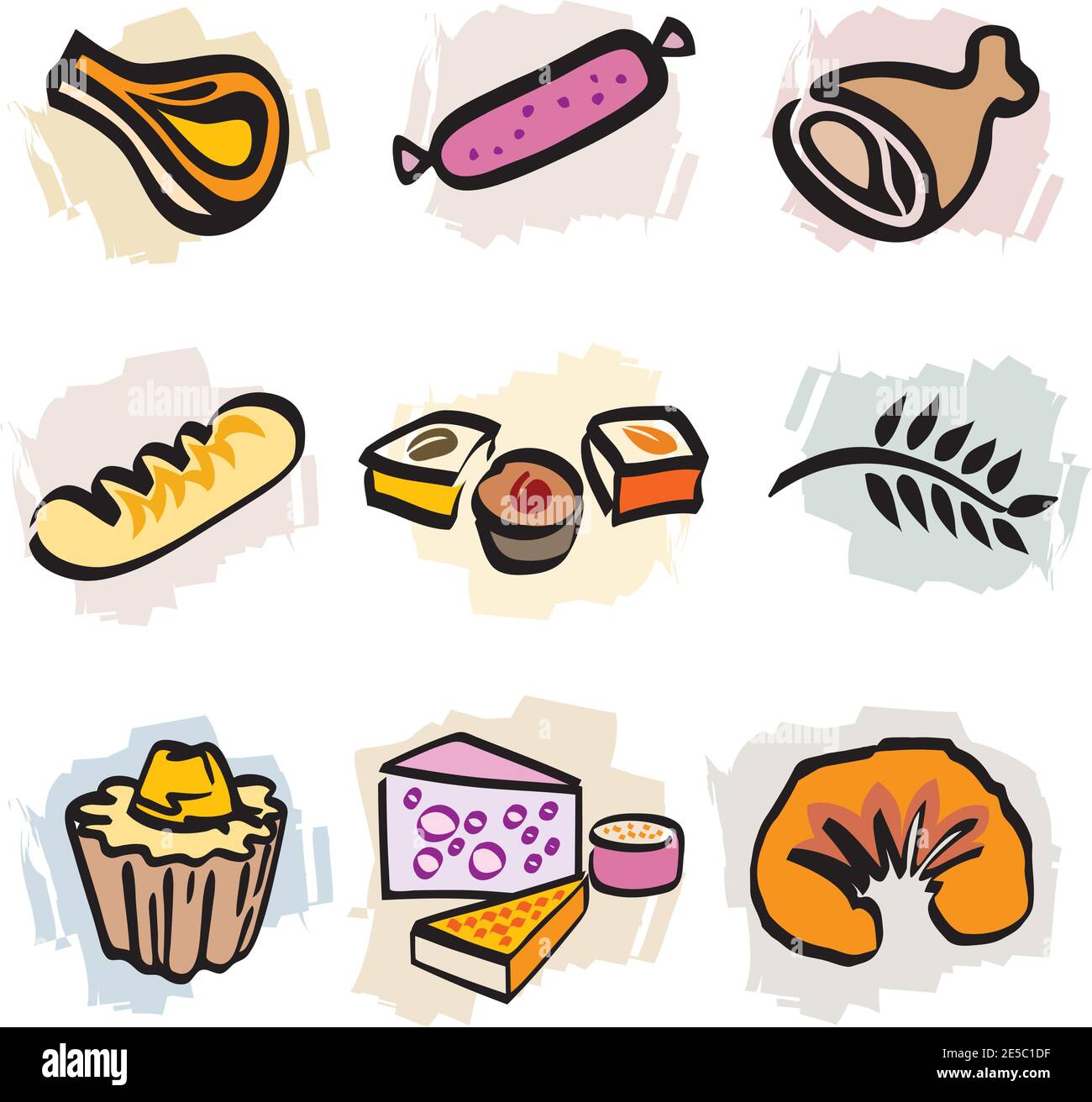 Set of 9 Food Icons Bread, Muffin, Croissant, Sausage, Ham, Beef ...
