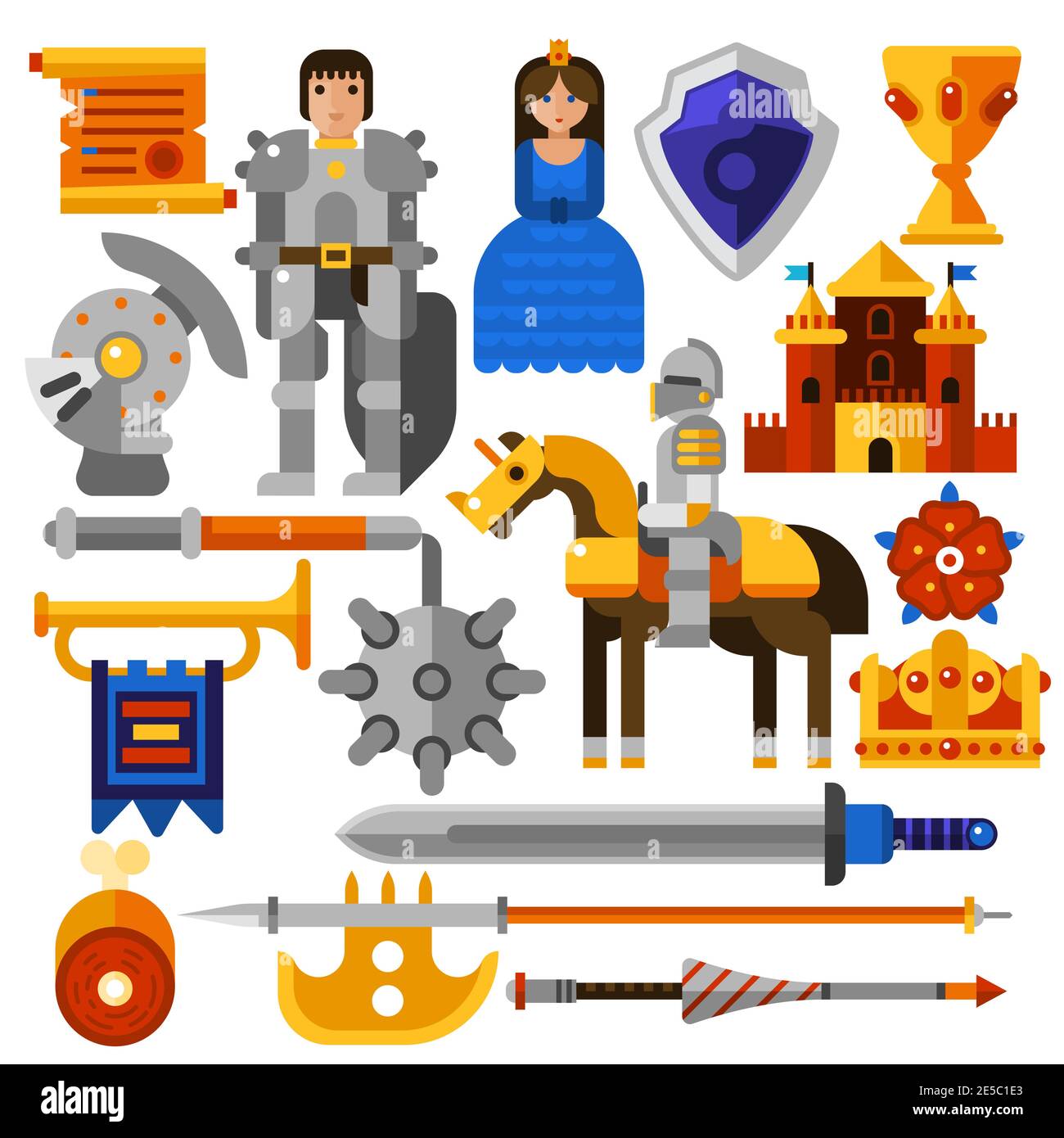 Flat icons set with knight princess castle medieval weapons and other elements isolated vector ...