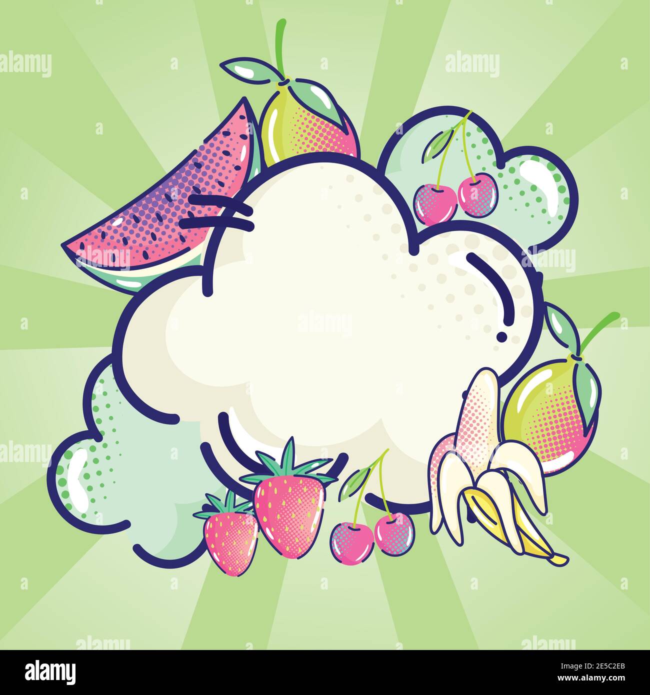 pop art comic clouds and tropical fruits halftone green sunburst vector ...
