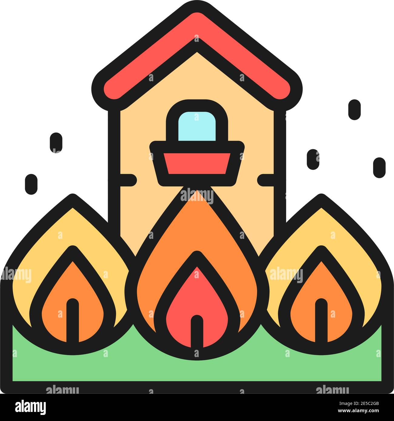 Burning house, fire, natural disaster, catastrophe flat color line icon ...