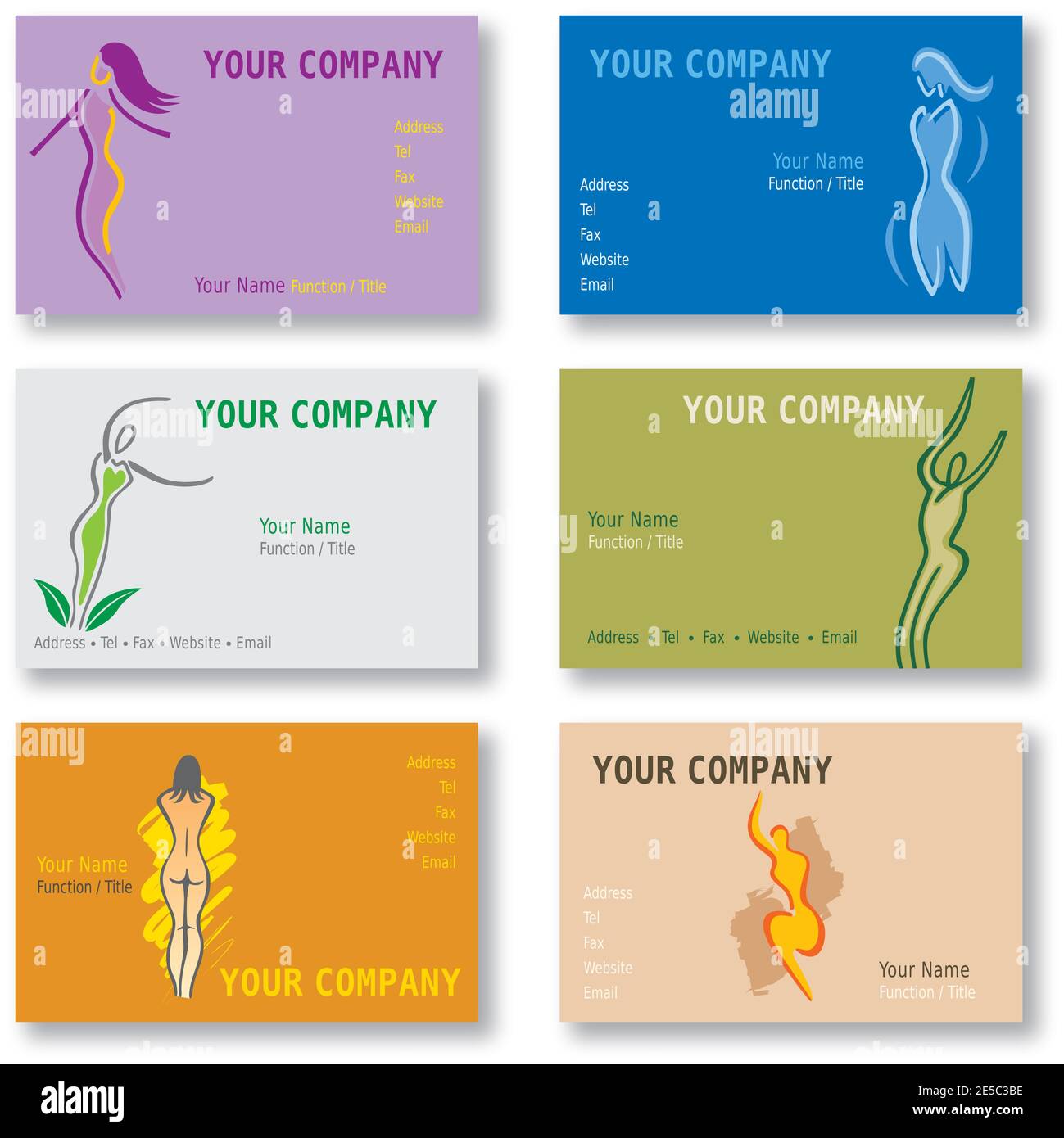 Set of Six Woman Body Sports Labels in Various Colors, Business Cards ...
