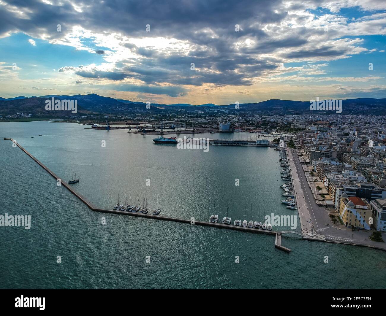 Aerial photo over Volos city and the port in Magnesia, Greece, Europe ...