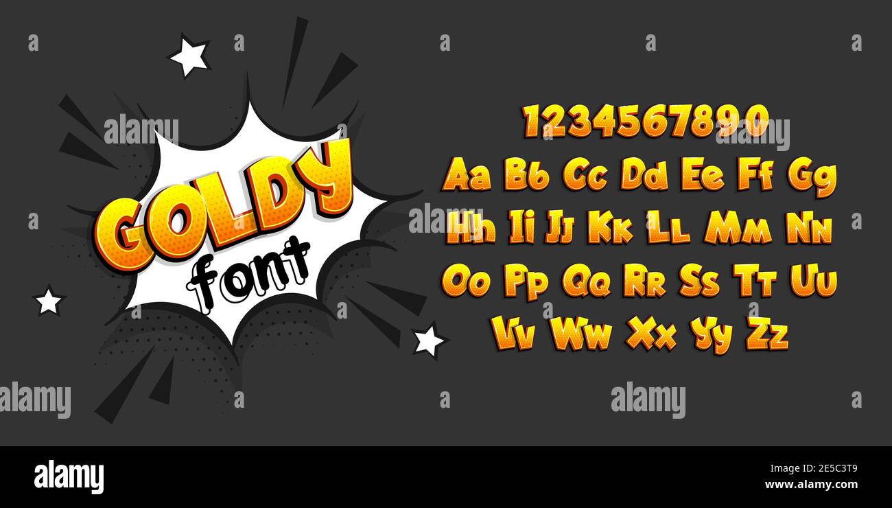 Golden glossy comic book pop art superhero font. Comic text alphabet ...