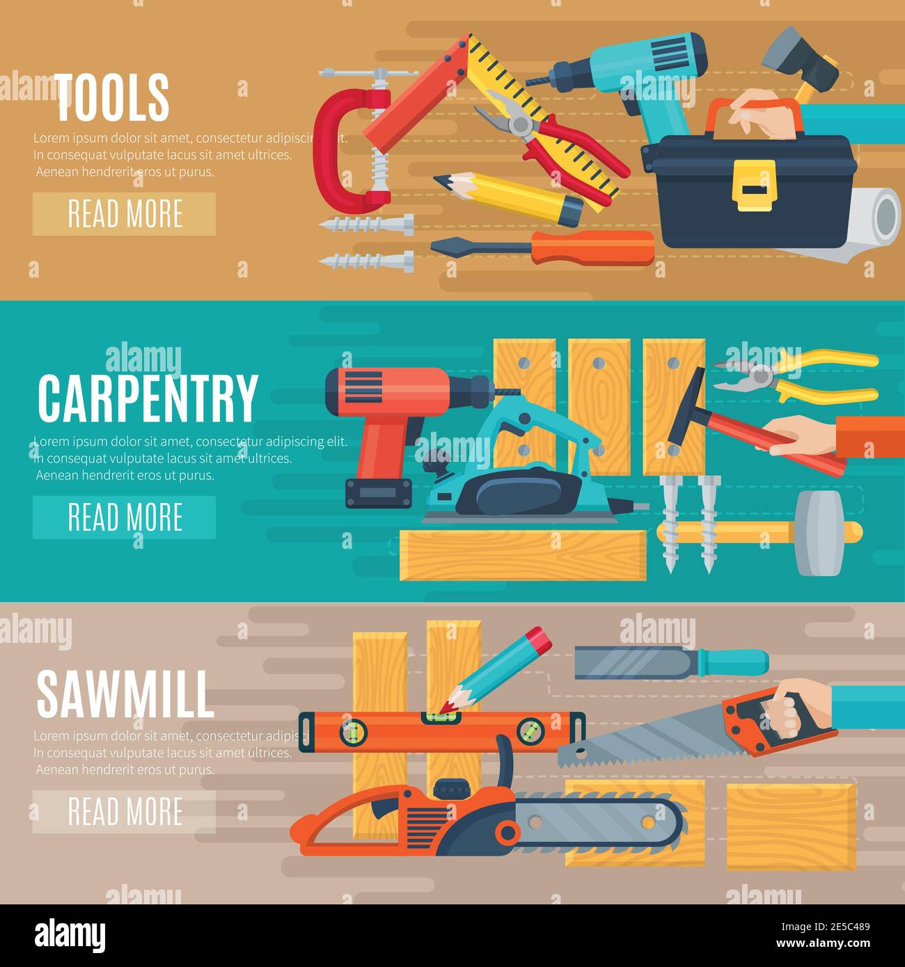Horizontal carpentry flat banners set of woodworker tools kit and ...