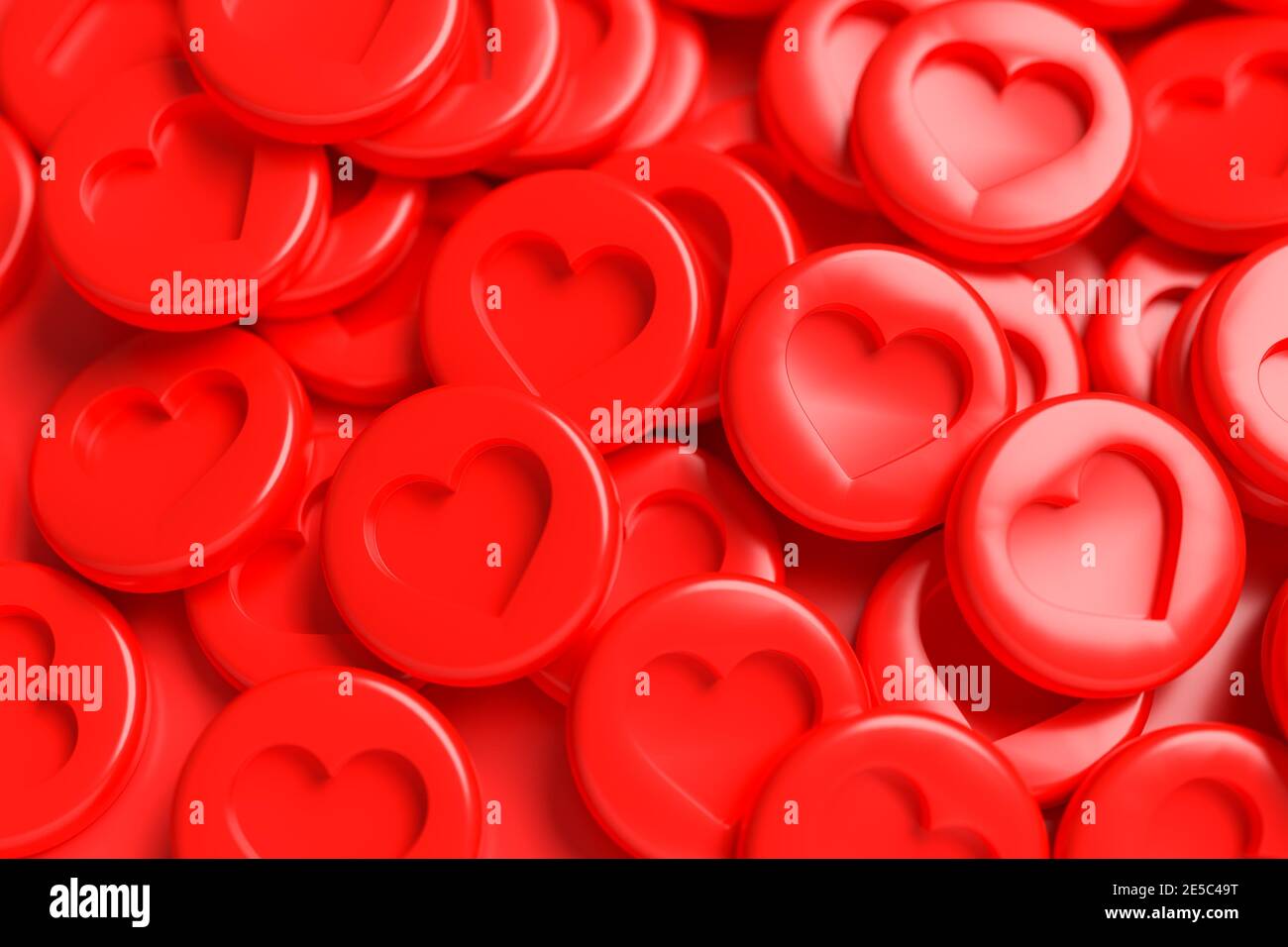 Many red like buttons with an engraved heart on a heap. Social Media ...