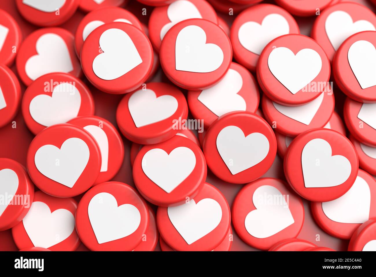 Many like buttons with a white heart on red on a heap. Social Media ...