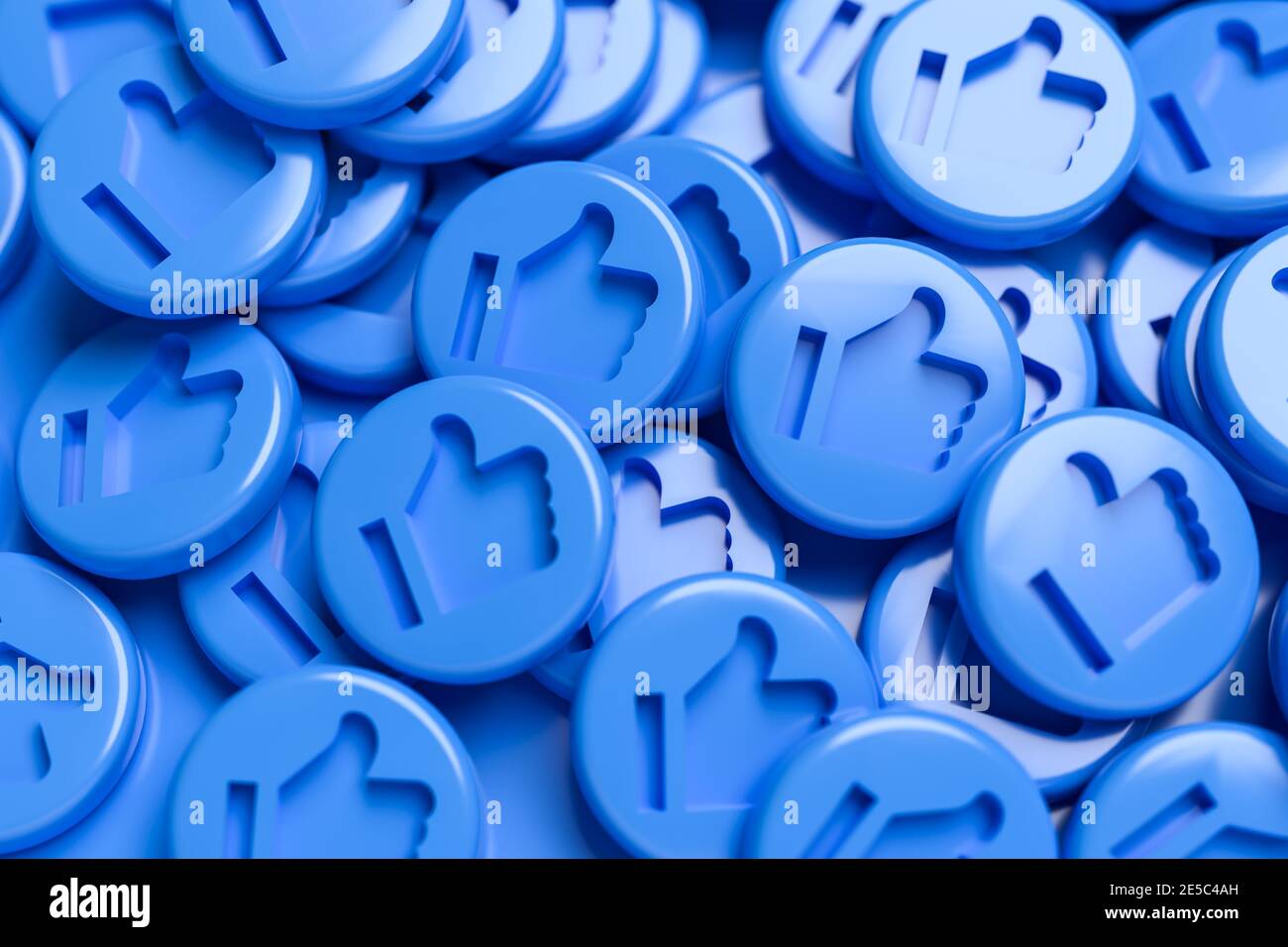 Many blue like buttons with engraved thumbs on a heap. Social Media ...