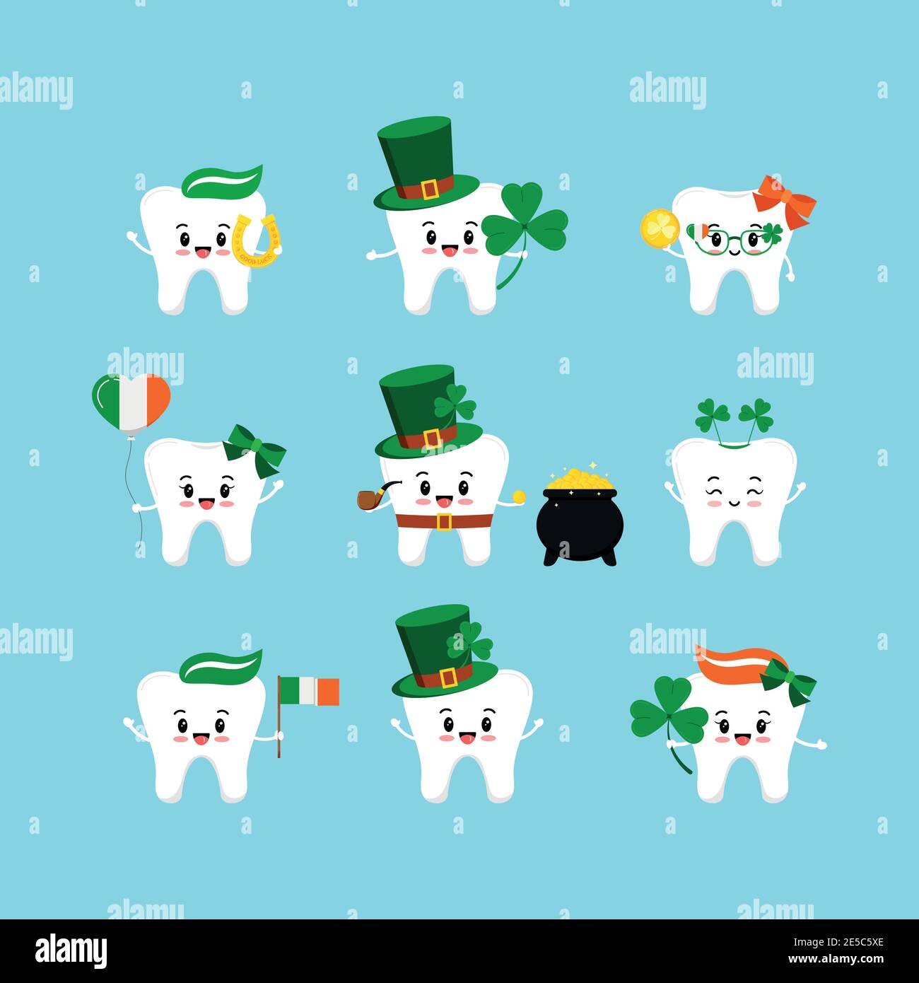 St Patrick day tooth icon set isolated. Dental teeth character with ...
