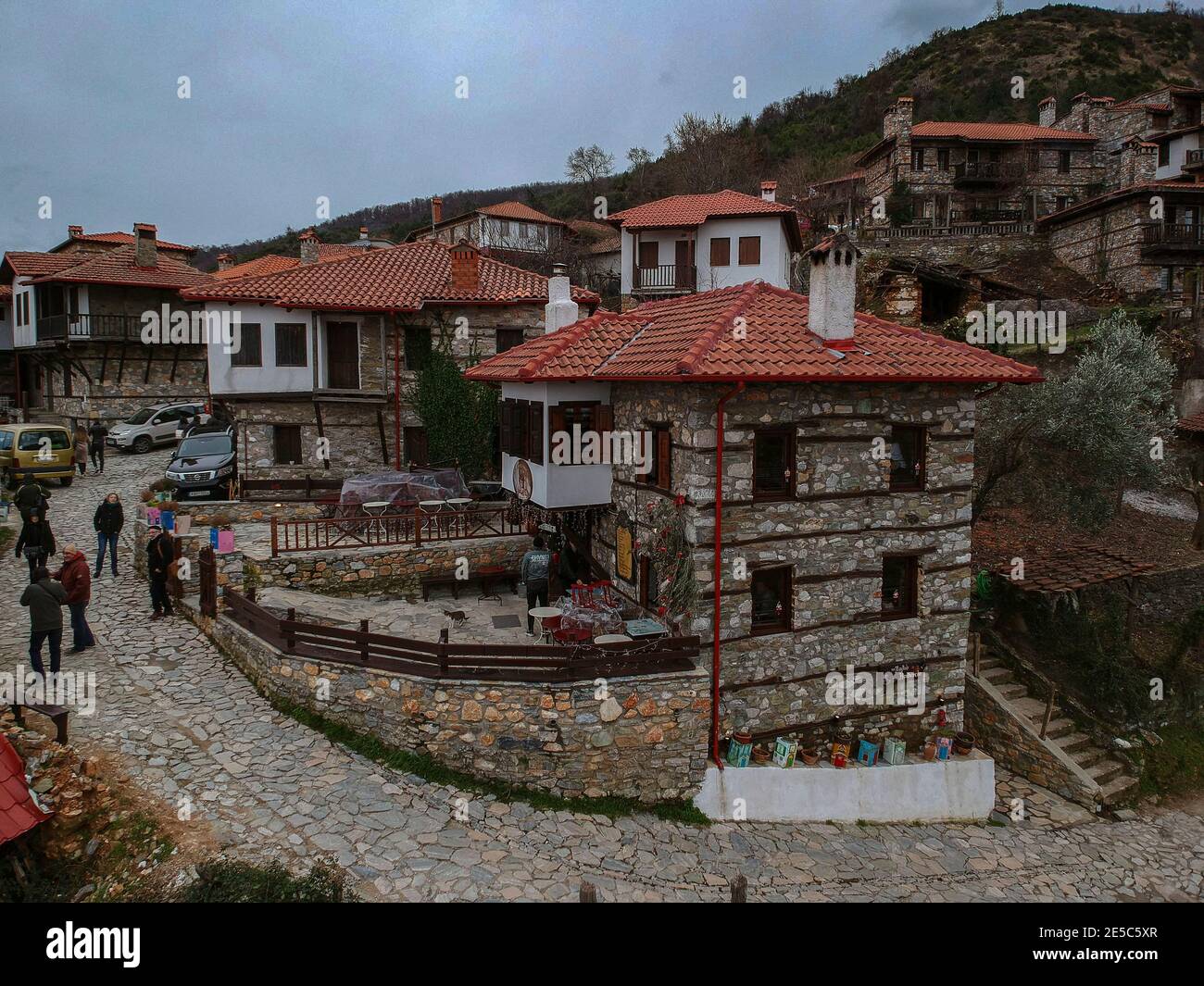Aerial panoramic view of Paleos Panteleimonas Village. It is an old ...