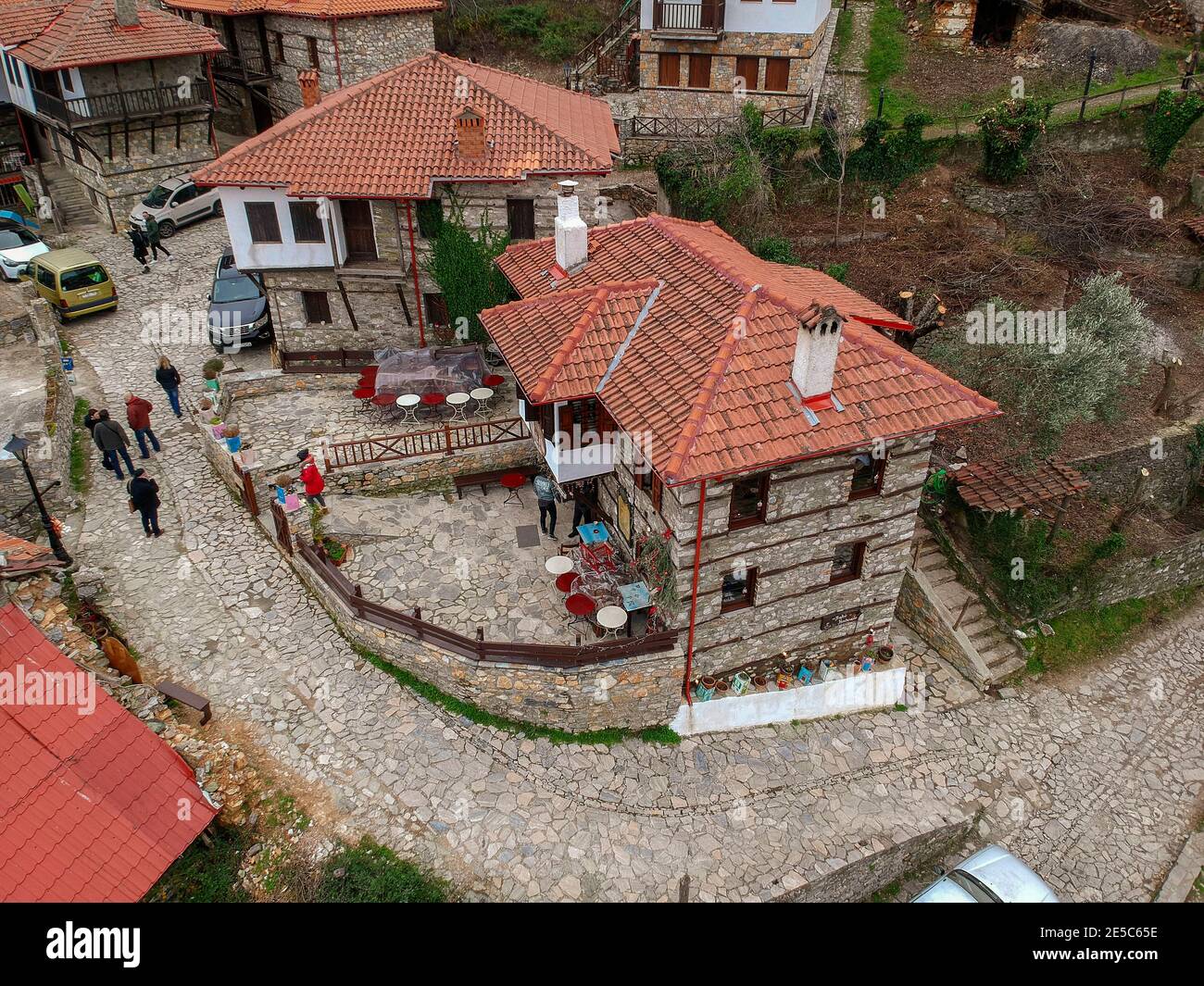 Aerial panoramic view of Paleos Panteleimonas Village. It is an old ...