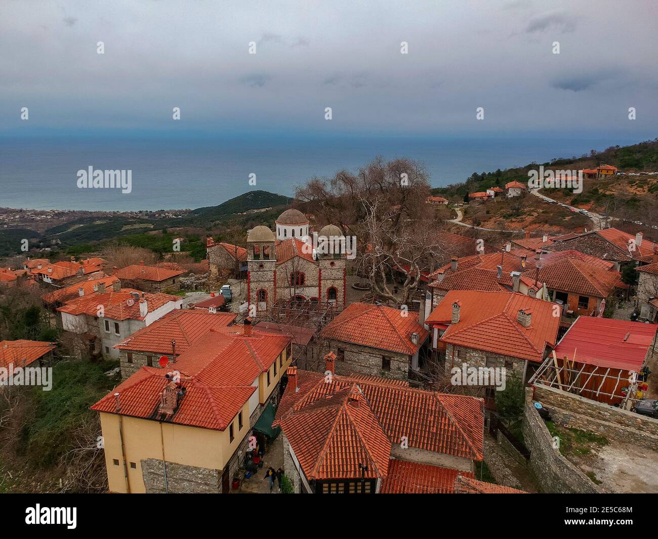 Aerial panoramic view of Paleos Panteleimonas Village. It is an old ...