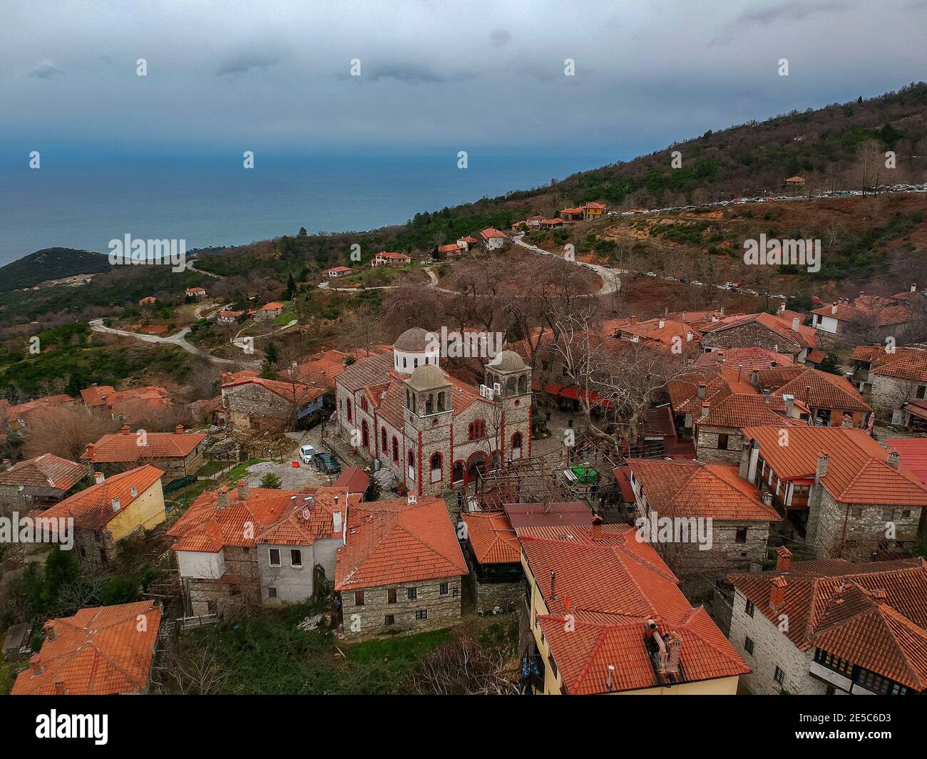Aerial panoramic view of Paleos Panteleimonas Village. It is an old ...