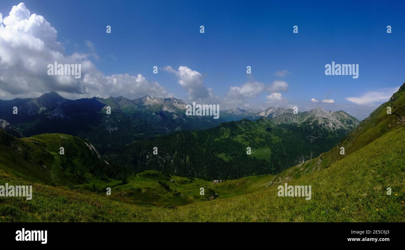 mountain valley with green hills and beautiful sky panorama view Stock ...